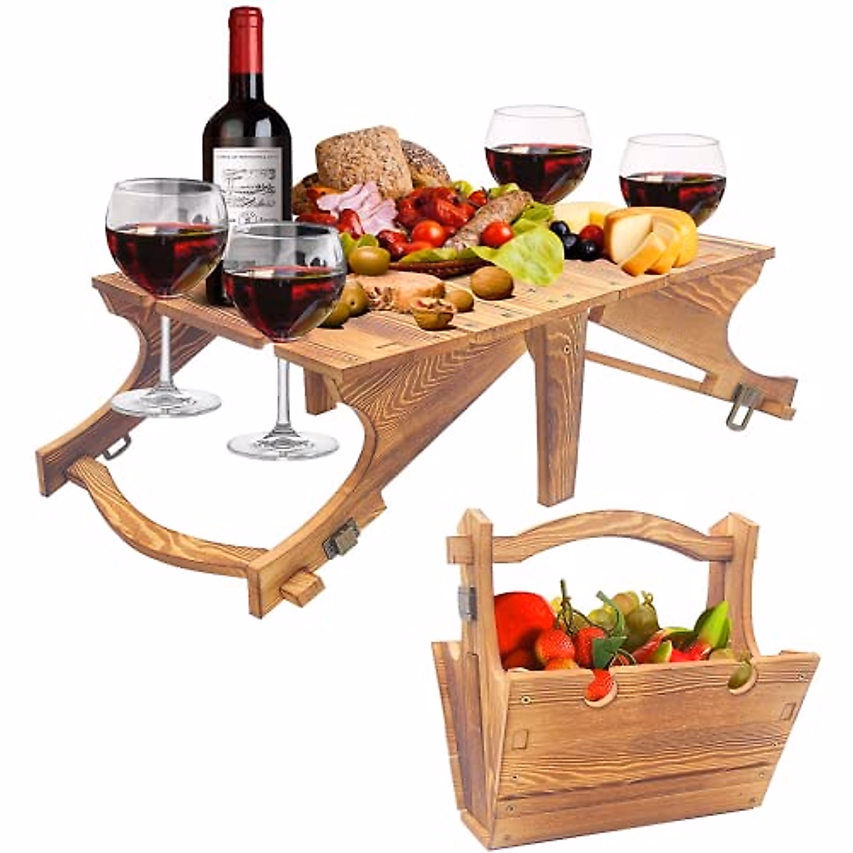 Sinouso Portable Picnic Table, 2 in 1 Folding Wooden Picnic Table for Outdoors,Small Wine Table with 4 Wine Glasses Holder for Outdoor Lawn, Beach, Park, Garden,Ideal Wine Lover Gift(11.8×18 Inch)