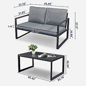 RICNOD Outdoor Loveseat with Coffee Table, Patio Conversation Set, Aluminum Modern Patio Furniture Set with Cushions for Balcony,Backyard, Poolside, Dark Grey