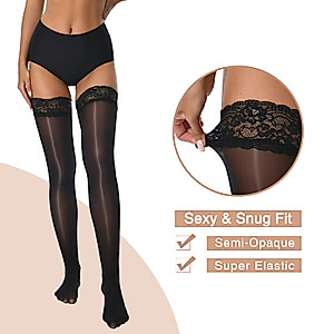 MANZI Shiny Thigh High Stockings Sexy Lace Top Stay Up Silky Sheer Stocking Shimmery Tights for Women 2 Pairs Pack(Black,S-M)