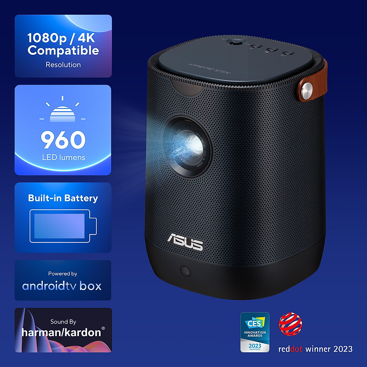 ASUS ZenBeam L2 Smart Portable Projector with WIFI and Bluetooth - 960 LED Lumens, 1080P, Chromecast, Built-in Battery, Speaker, 3.5 hr Video Playback, Wireless Projection, Light Wall, Android TV Box