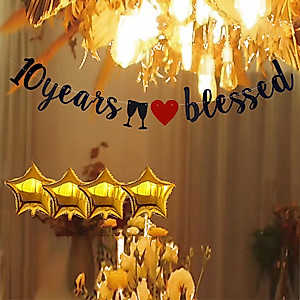 MJJLT 10 Years Blessed Black Paper Sign Banner for Boy/Girl's 10th Birthday Party Supplies,Pre-Strung 10th Wedding Anniversary Party Decorations