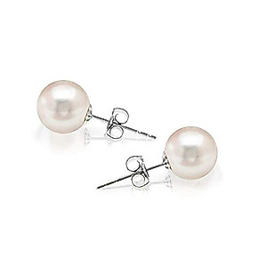 PAVOI Handpicked AAA+ 14K White Gold Plated Sterling Silver Round White Freshwater Cultured Pearl Earrings | Pearl Earrings for Women - 8mm