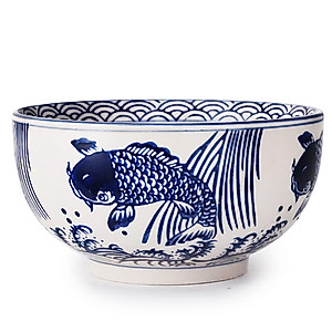 Happy Sales HSKM-BLEKOI, Japanese Kamameshi Vintage Style Rice Noodle Ramen Bowl with Bamboo Lid Trivet Chopsticks and Porcelain Spoon Bowl Set, Blue Koi
