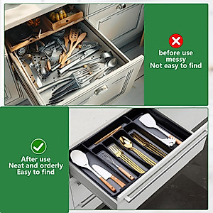 Silverware Drawer Organizer, Expandable Kitchen Drawer Organizer Utensil Drawer Organizer Cutlery Drawer Adjustable Utensil Tray Flatware Tray for Forks Spoons Knife Organizer(Large, Gray Black)