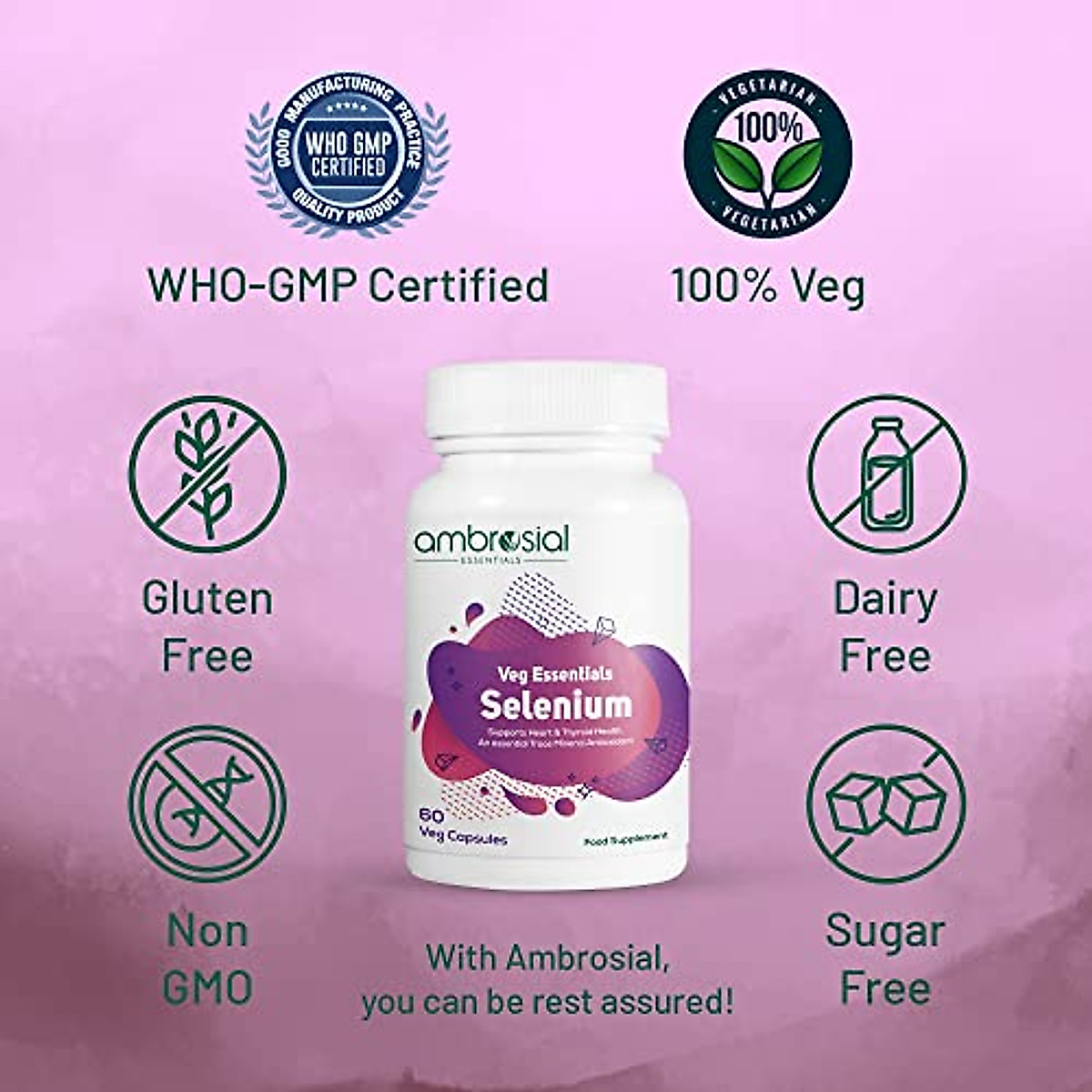 Ambrosial Selenium 200mcg | High Strength Antioxidant Supplement to Support Immune System, Heart Health & Thyroid Support (Pack of 1-60 Capsules)