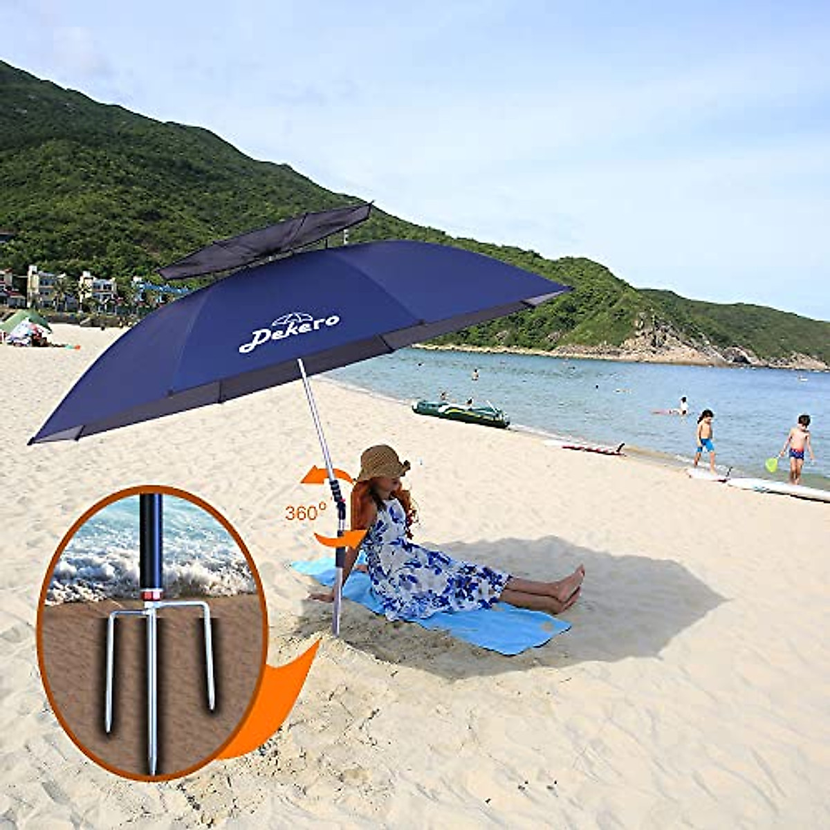 Dekero 7.2ft Windproof Beach Umbrella,UV Protection Portable Umbrella with Sand Anchor,Tilt Aluminum Pole, Carry Bag for Beach Patio Travel Outdoor