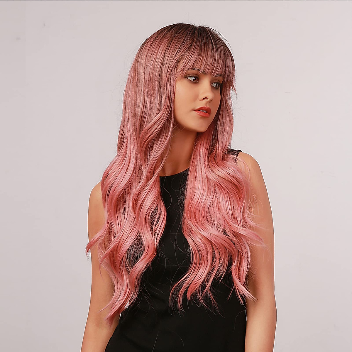 Clearance Ombre Pink Wig with Bangs 26 Inch 65cm Long Wavy Synthetic Wig Ombre Dark Root To Pink Colored Wigs for Women Heat Resistant Wigs for Daily Cosplay Party Wear Natural Looking Wig