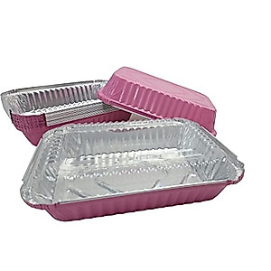 KitchenDance Colored Shallow Take Out Pans with Plastic lid - 1.5 Pounds Food Storage Aluminum Foil Baking Pan - Aluminum Pans Perfect for Cooking, Freezing, Preparing Food, 6417P (Pink, 125)