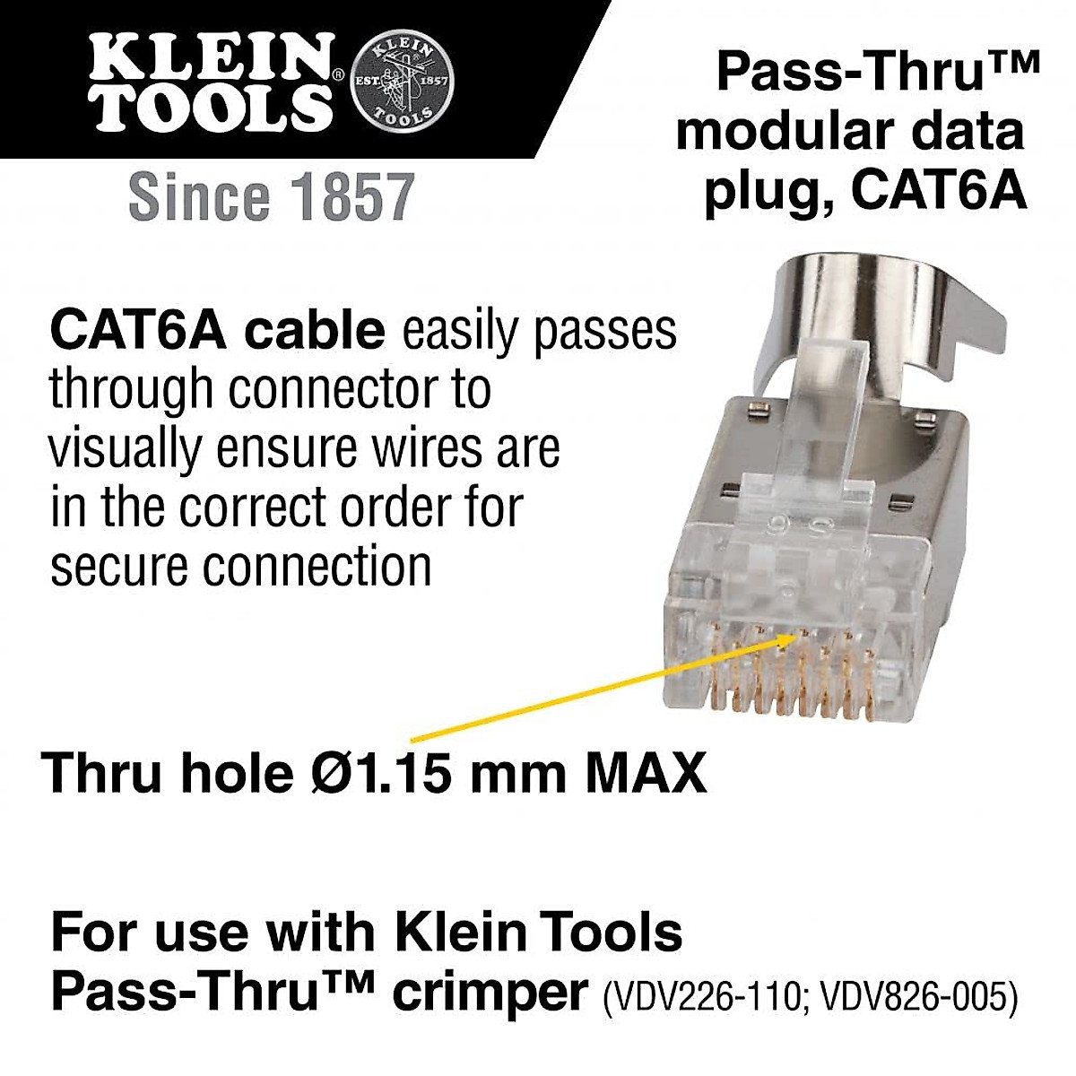 Klein Tools VDV826-754 Modular Data Plug for CAT6A Shielded Cable and Larger Diameter CAT6 Indoor or Outdoor Ethernet Cable, 100-Pack