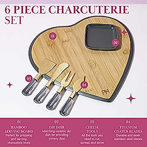 Paris Hilton Charcuterie Board and Serving Set, Bamboo Serving Board, Ceramic Dish, Cheese Utensils with Titanium Coated Blades, 6-Piece Set, Charcoal Gray