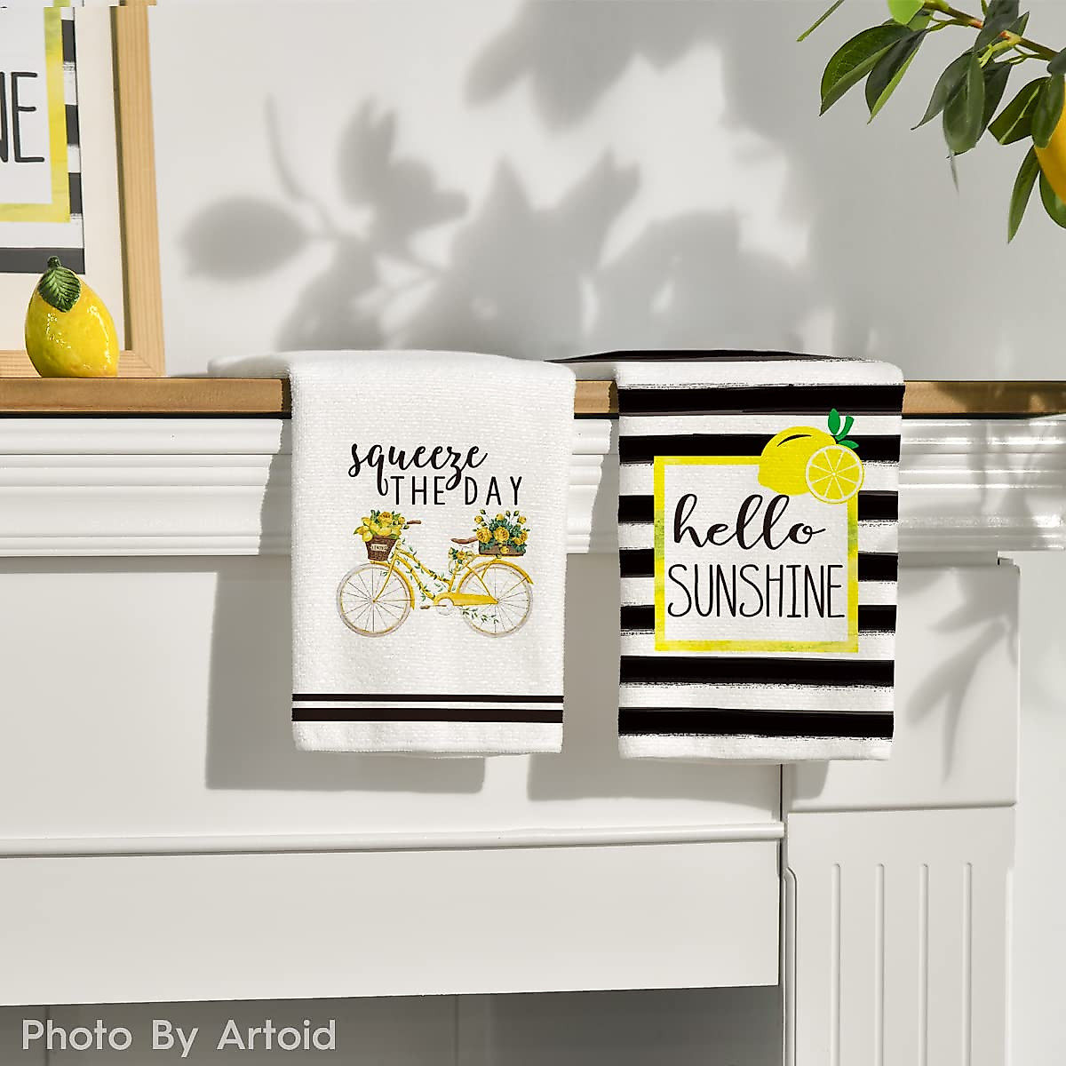 Artoid Mode Watercolor Stripes Lemon Kitchen Dish Towels Squeeze The Day, 18 x 26 Inch Seasonal Spring Summer Hello Sunshine Ultra Absorbent Drying Cloth Tea Towels for Cooking Baking Set of 2