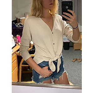 IWOLLENCE Womens Loose Henley Blouse Bat Wing Long Sleeve Button Down T Shirts Tie Front Knot Tops Oatmeal, M