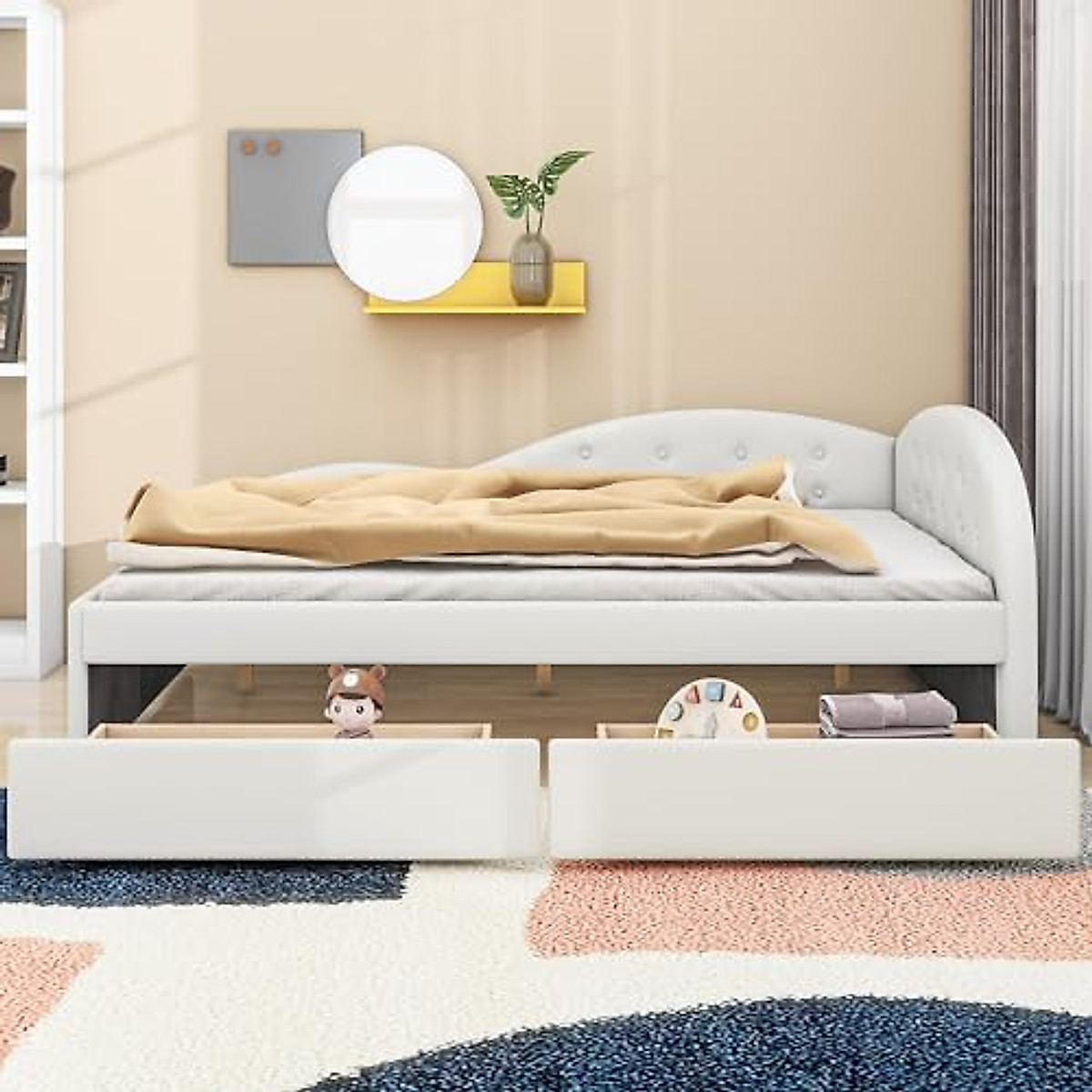 Full Size Upholstered Daybed with 2 Drawers and Cloud Shaped Guardrail, PU Upholstered Tufted Platform Bed with Wooden Slat Support for Bedroom Living Room, Easy Assembly (White + Upholstered-V23)