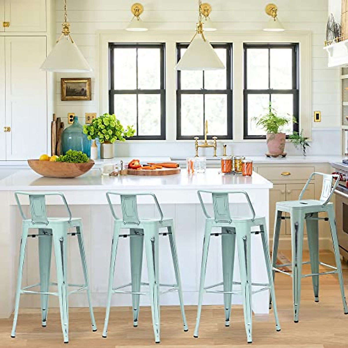 Changjie Furniture Metal Bar Stools Set of 4 Distressed Industrial Counter Bar Stool with Backs Bistro Cafe Barstools(30 inch, Distressed Blue-Green)