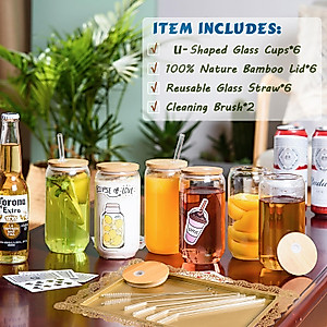MOHARY 6 Pcs Drinking Glasses with Bamboo Lids and Straw 6pcs Set - 16oz U-Shaped Cups, Iced Coffee Glasses, Cute Reusable Bottle, Ideal for Whiskey, Beer, Tea, Gift - 2 Cleaning Brushes