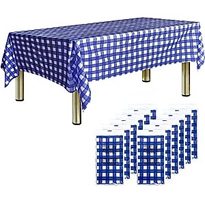 14 Pack 108" X 54" Blue Checkered Premium Disposable Plastic Tablecloth for 8ft Long Rectangle Tables, Waterproof Covers for Indoor or Outdoor Events & Parties