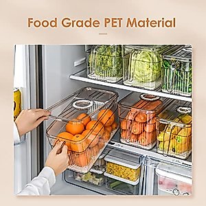 Produce Saver Containers for Refrigerator, 6.3Lx4 Organizer Bins with Lids Stackable Large Food Storage Container Sets with Drain Tray, Square Handle Food Storage Organizer Boxes, BPA Free, Set of 4