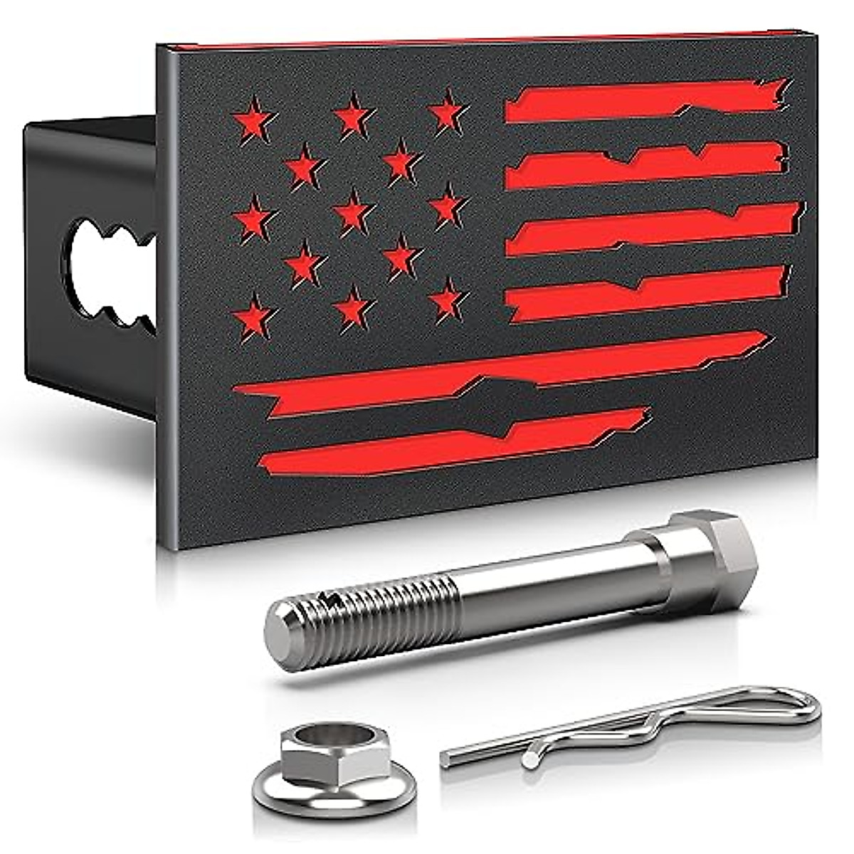 boslla Trailer Hitch Cover for 2" Receivers, Heavy Metal Tow Hitch Cover USA American Flag Hitch Receiver Cover with Gasket and Installation Tools Pins for Trucks Cars (Black Hollow-Out)