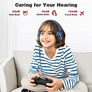 SIMOLIO Wired Kids Headphones for School with Microphone, Volume Limiting & Noise Cancelling PC Headset with Cord, Plug in Headphones for Tablet, Headphones with Cord for Laptop (Navy Blue)