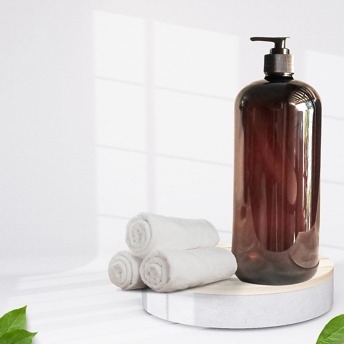 32 oz Amber Plastic PET Plastic Bottle with Black Hand Lotion Pump and Kraft Labels (3)