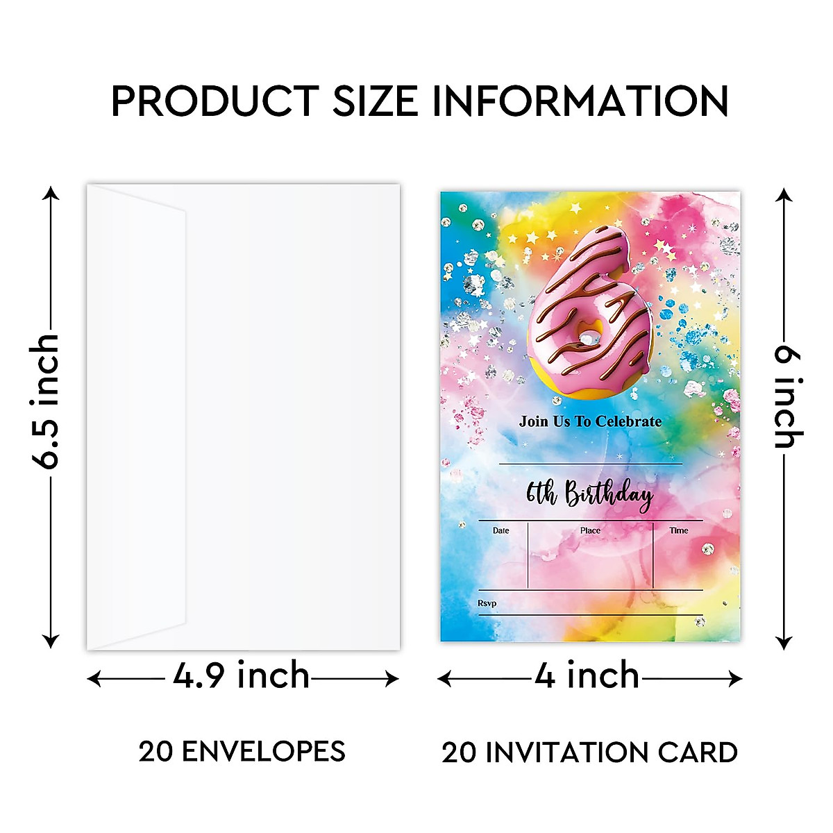 6th Tie Dye Candy Chocolate Birthday Party Invitations Cards with Envelopes, Rainbow Pink Stars Party Invitations, Birthday Celebration Supplies, Double-sided Fill-in bday Invites for Boys Girls- B02