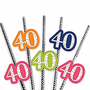 40th Birthday - Cheerful Happy Birthday - Paper Straw Decor - Colorful Fortieth Birthday Party Striped Decorative Straws - Set of 24