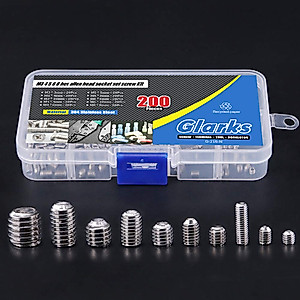 Glarks 200-Piece M3 4 5 6 8 Hex Allen Head Socket Set Screw Assortment Kit (304 Stainless Steel)