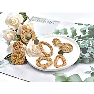 Rattan Earrings for Women Handmade Straw Wicker Braid Drop Dangle Earrings Lightweight Geometric Statement Earrings (3 Pairs Set)