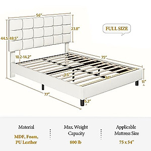 Yaheetech Full Upholstered Bed Frame, Platform Bed Frame with Square Tufted Fabric Headboard Height Adjustable, Wooden Slats Support, No Box Spring Needed, Beige