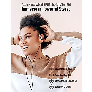 Audiovance Vibes 201 Wired Earbuds in Ear Headphones, Noise Cancelling Bass Driven HiFi Earphones, Tangle-Free Braided Cord, Carry Case, Ear Buds Tips, 3.5mm Jack, Secure Fit (Clear Brown, No Mic)