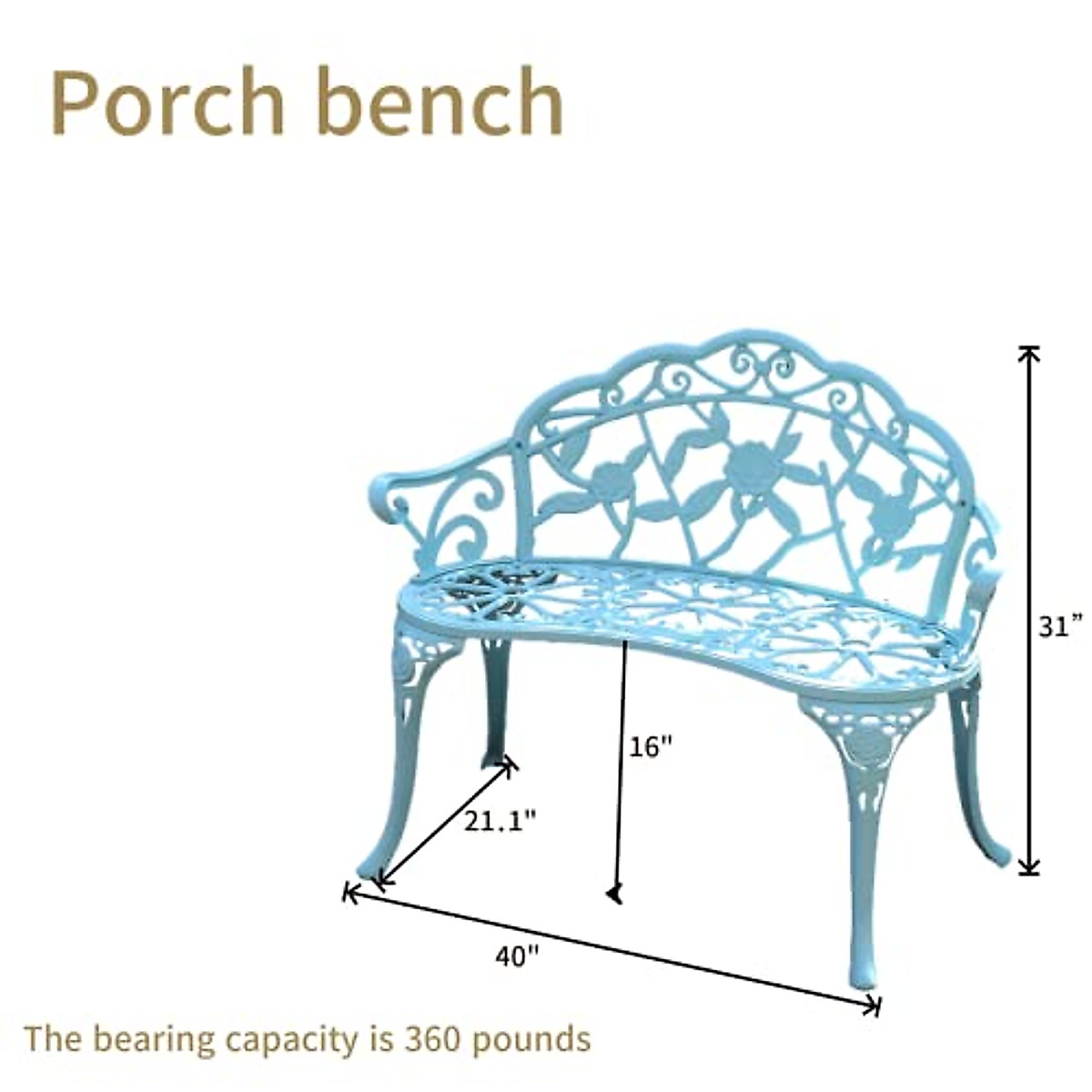 KAI LI 4-Piece Balcony Tables and Chairs, 1 Table, 2 Round Chairs and 1 Bench, Metal cast Aluminum, Bistro Suit, Garden Bench, Rose Pattern Light Blue