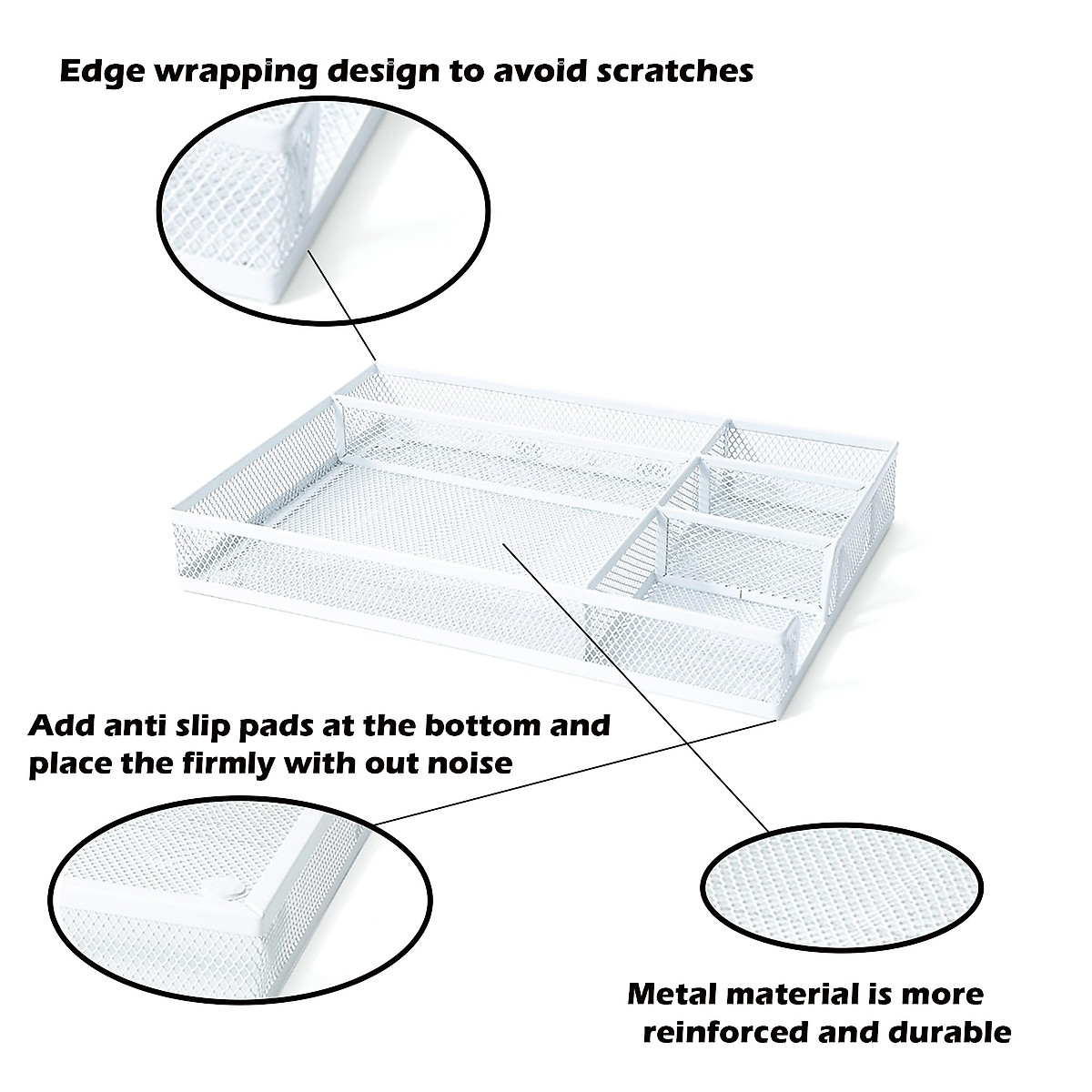 YFEEN Office Desk Drawer Organizer Tray, 5 Grid Mesh Utensil Drawer Organizer for Kitchen Drawer Silverware Tray& 1 piece of Plastic Drawer Organizer Kitchen Drawer Multi-use Storage Box,White