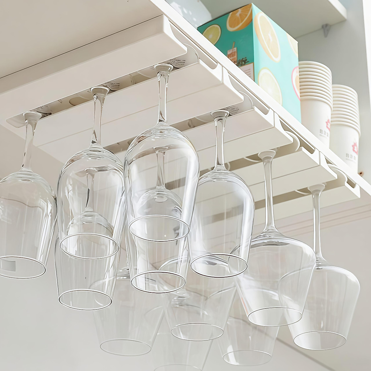 Riipoo Wine Glass Holder Under Shelf, Wine Glass Rack Under Cabinet, No Drill & Screws Stemware Rack for Bar Kitchen, 2-Pack, White