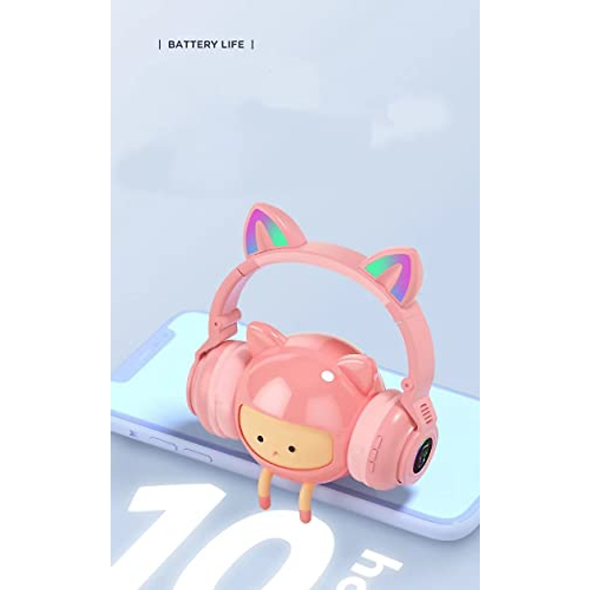 Headset Cat Ears Bluetooth Earphone Wireless Gaming Noise Cancelling 8 Hours with Mic USB Virtual Reality Detachable Cute Luminous Mouse Ear Rainbow RGB Flashing Light On-Ear Headphone (Pink) (ER-1)