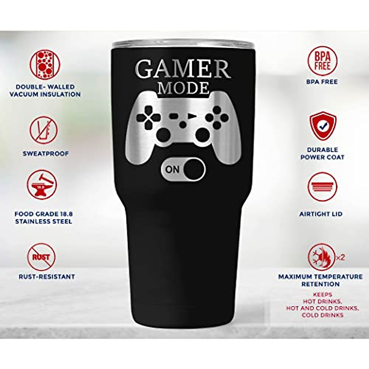 Gaming Mugs for Men - Gamer Mode ON - 30oz Stainless Steel Tumbler with Lid and Silicone Straw | Funny Gifts For Gamers Idea Gamer Cup - Video Gamer Mug Boys - Nerd Gifts