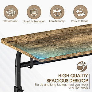 Autex Portable Desk with Storage Shelves, Height Adjustable Desk with Wheels, Small Rolling Desk with Hooks, Standing Desk on Wheels for Home Office, Mobile Computer Table for Small Space