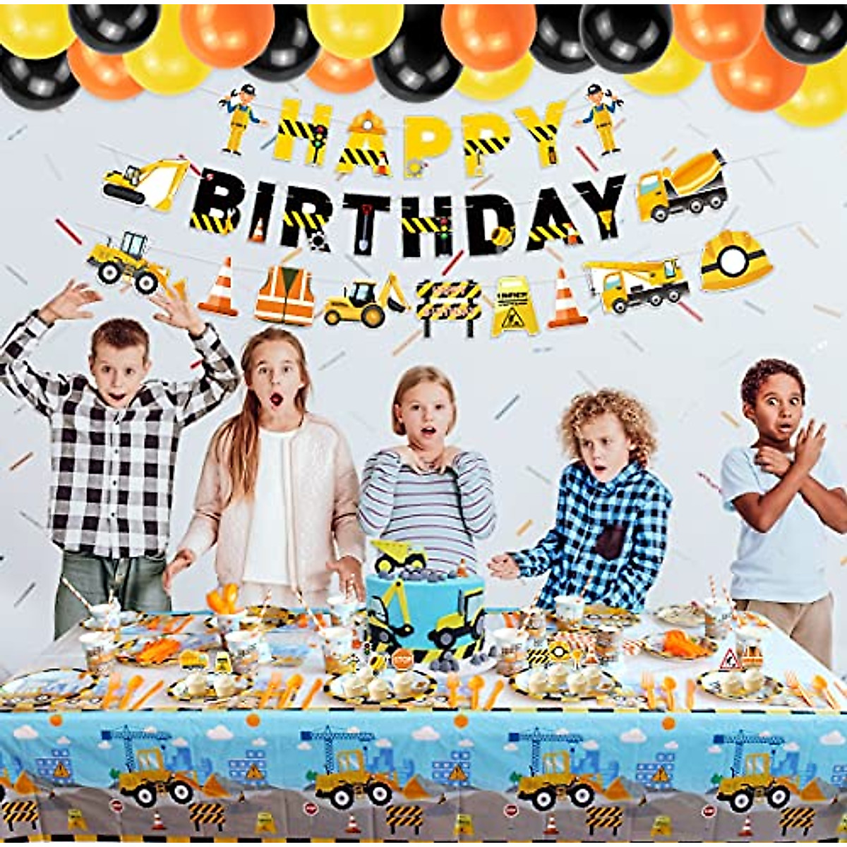 Construction Truck Party Supplies Tableware Set - Dump Truck Banner, Tablecover, Plate, Cups, Napkins, Balloons, Cake Toppers, Foil Balloon, for Party Decorations Kids Birthday Serves 20 Guests