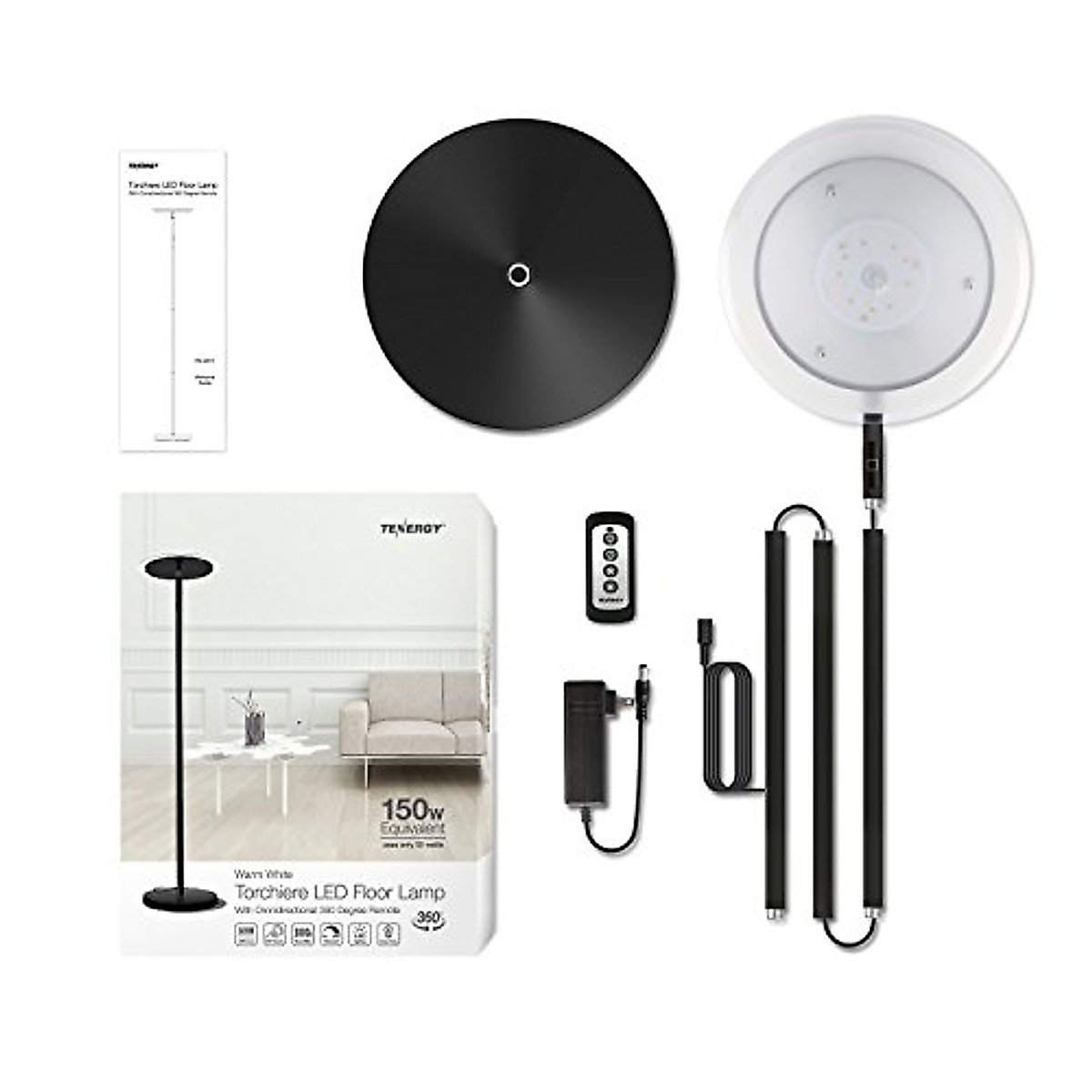 Tenergy Torchiere Remote Control Floor Lamp, 3000 LM LED Floor lamp 30W (150W Equivalent) Standing Lamp with Stepless Touch Dimmer, Omnidirectional Remote Control, 90° Adjustable Top, Warm White Light