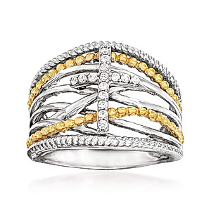 Ross-Simons 0.15 ct. t.w. Diamond Cross Crisscross Ring in Sterling Silver and 18kt Gold Over Sterling. Size 9