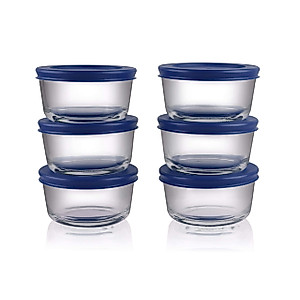 BOVADO USA 1 Cup Glass Food Storage Containers (6 Pack) | Nonpourous Dishwasher, Freezer & Oven Safe Glass, Easy-Clean | Blue Lids