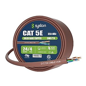 Syston Cable Technology Cat 5e Ethernet Network Cable，350MHz 24AWG Solid Bare Copper Wire Outdoor/Indoor, Bulk No Ends 10 Ft to 1000 Ft Available, Heat Resistant Riser Rated - CMR