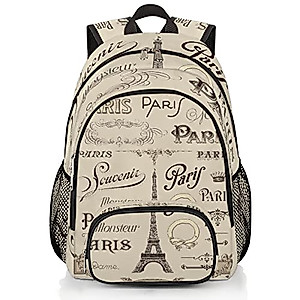 Vintage Paris Eiffel Tower School Backpack, College School Bags Lightweight Laptop Backpack Bookbag Casual Daypack Rucksack Elementary Preschool Backpack