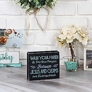 J JACKCUBE DESIGN Farmhouse Vintage Decorative Wood Bathroom Signs Decor, Classic Rustic Wooden Box Stand Up Wall Home Decor, Your Prayers and Wash Your Hands, Blue, White Letters- MK684A