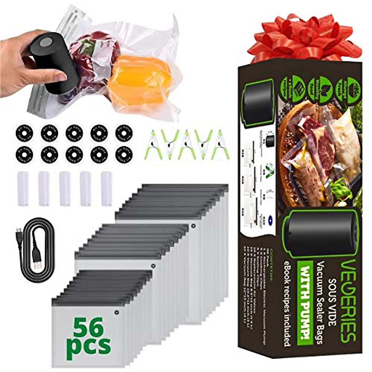Sous Vide Bags 56 PCS Vacuum Save Sealer - 35 Reusable Vacuum Food Storage Bags for Anova and Joule Cookers - 3 sizes Sous Vide Bag Kit with Pump - 4 Sealing Clips - 4 Sous Vide Bag Clips with Handheld Food Vacuum Sealer