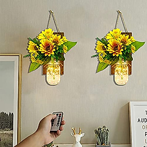 Mason Jar Sconces, Farmhouse Home Decor, Rustic Wall Sconces, LED Fairy Lights, Sunflower, Interior Decoration Warm Toned Lighting. (2 Pack)(with Remote Control)