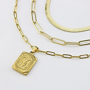 JoycuFF Layered Necklaces for Women, Initial 18K Gold Plated Paperclip Necklaces Herringbone Chain Simple Cute Letter Pendent Gold Initial Necklaces A