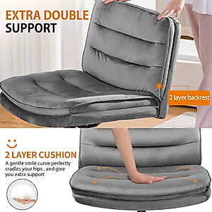 COMHOMA Criss Cross Chair with Wheels, Armless Wide Cross Legged Office Chair Mid Back, Modern Home Office Desk Chair Swivel Adjustable Vanity Computer Chair, Gray Velvet