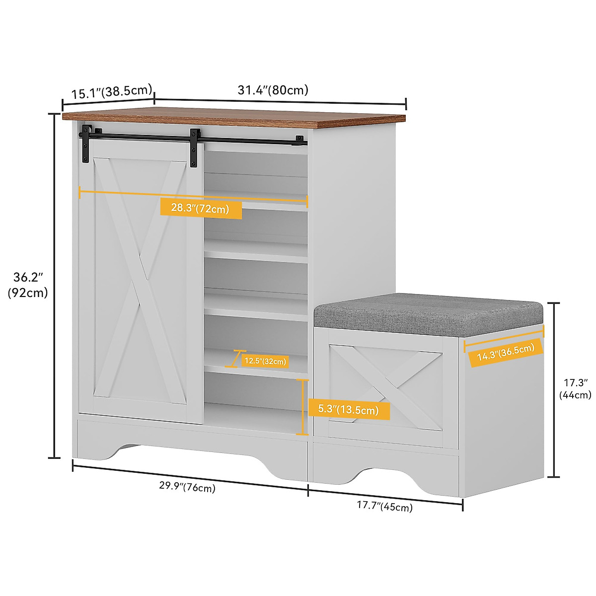 DWVO Farmhouse Shoe Storage Cabinet with Shoe Bench, 5-Tier Shoe Cabinet with Adjustable Shelves for 20 Pairs, Narrow Slim Shoe Cabinet with Sliding Door for Entryway, Hallway, Living Room (White)