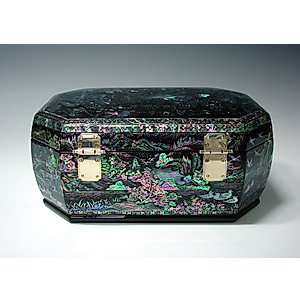 Mother of Pearl Inlaid Landscape Design Lacquered Black Octagonal Luxury Wooden Asian Handcrafted Jewelry Trinket Keepsake Treasure Box Case Chest Organizer