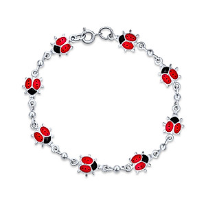 Good Luck Garden Lucky Multi Station Charms Enamel Red Ladybugs Charm Bracelet For Women Teen .925 Sterling Silver 7 Inch
